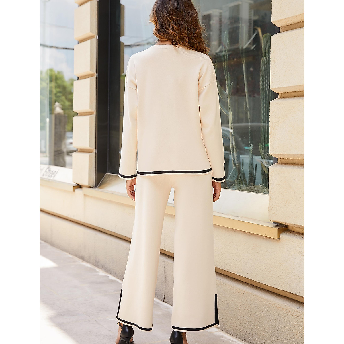 Tanming Women's 2 Piece Outfits Long Sleeve Knit Sweater Top Wide Leg Pants Lounge Sets Tracksuits (Apricot-M)