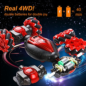 BIRANCO. RC Stunt Car Gesture Sensing - Christmas Red, 2.4GHz 4WD Hand Controlled Double Sided Remote Control Car with Music & Lights, Kids Toy, Gift Ideas for Boys Age 5-12 Years Old