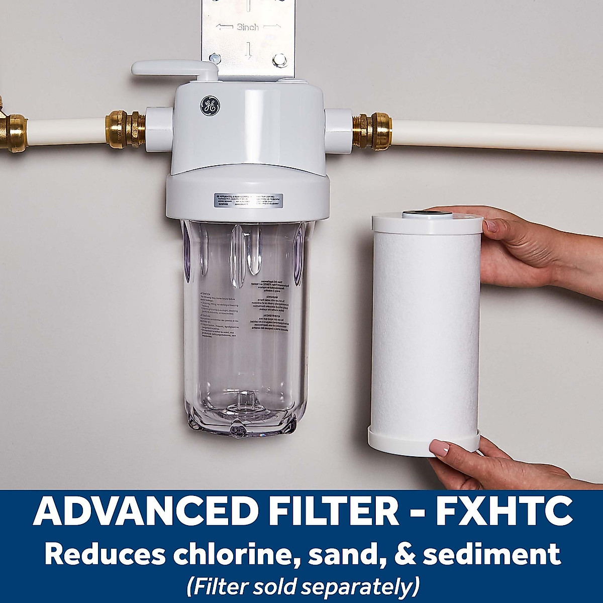 GE Whole House Water Filtration System | Reduces Sediment, Rust & More | Install Kit & Accessories Included | Filter Not Included | Replace Filters (FXHTC, FXHSC) Every 3 Months | GXWH35F, White, 7.50 x 13.50 x 7.75 inches