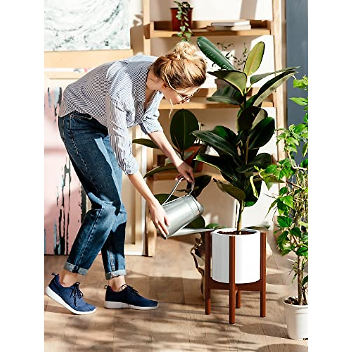 MUDEELA Adjustable Plant Stand Indoor, Bamboo Plant Stand 8 to 12 Inches, Single Floor Plant Stand for Indoor Plants, Bamboo Dark Brown Planter Stand for Indoor Plants, Pot Plant Not Included