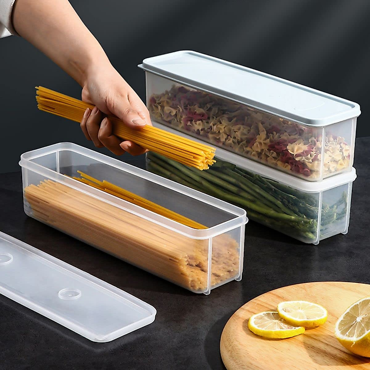Elsjoy 6 Pack Plastic Pasta Container, Clear Spaghetti Storage Container Organizer with Lid, Stackable Long Noodle Holder for Pantry, Kitchen, Cabinet