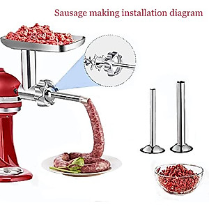 Metal Food Grinder Attachment for KitchenAid Stand Mixers， Meat Grinder Kitchen Aid Asseccories for KitchenAid，Includes 2 Sausage Stuffer Tubes, 4 Grinding Plates，Silver