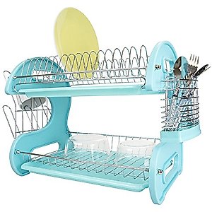 Home Basics 2 Tier Dish Drainer (Turquoise) Dish Rack for Kitchen Counter, with Cutlery Holder and Cup Slots