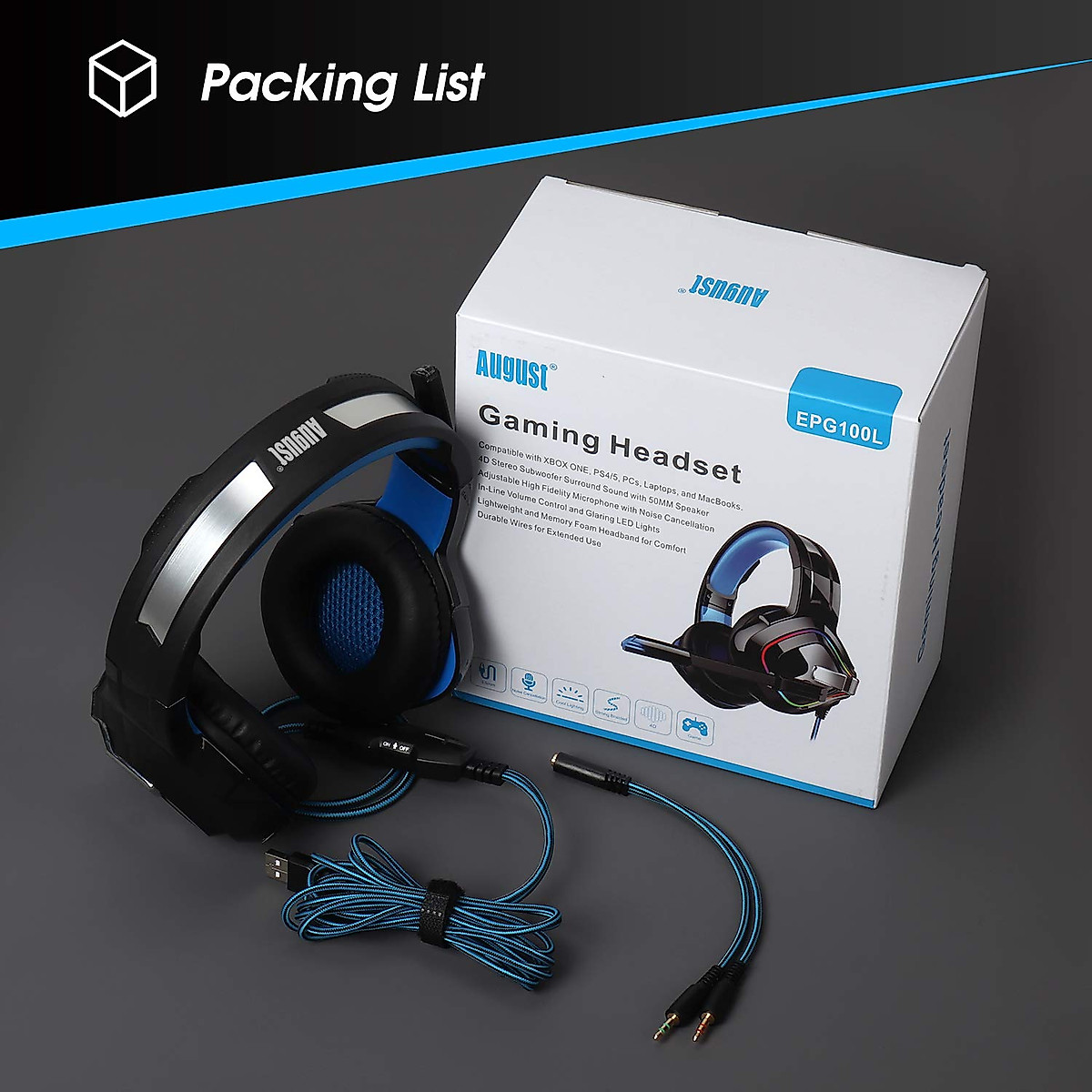 August Gaming Headset EPG100L - Stereo Surround Sound Noise Cancellation Wired Headphones with Adjustable Microphone and RGB Light Compatible PC Mac Tablets Phones