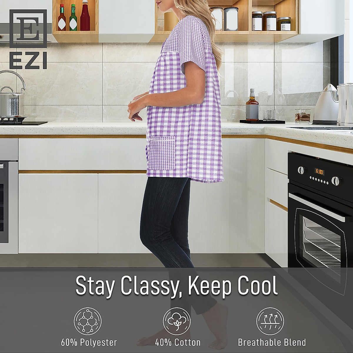 Ezi Women's Snap Front Short Sleeve Gingham Shift Seersucker Housecoat Apron Shirt Blue