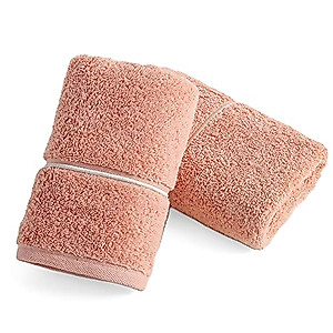 YiLUOMO Hand Towel Set of 2 Soft 100% Cotton Towels Gold Line Embroidered Design Absorbent Terry Bath Hand Towels for Bathroom Decorative Hotel, Gym, Pool 13x 29 Inch (Coral)