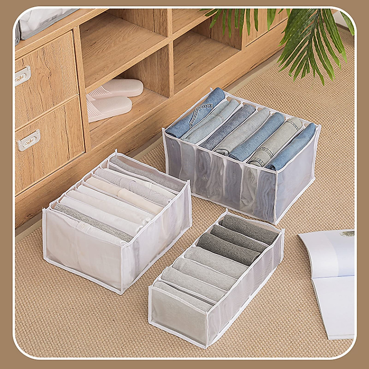 2PCS Extra-large Clothes Organizer for Folded Clothes, Pant Jeans Organizer with Compartment,Foldable Wardrobe Clothes Clothing Organizer for Closet Drawer Storage Box Bedroom. (7 Grids-Large, white)