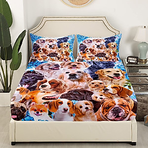 Cute Puppy Dog Bedding Fitted Sheet Cartoon Pet Pug Dog Bulldog Bed Sheet Set Kids Boys Girls Dog Lover Animal Design Bedding Sheets Various Puppy Bed Cover Bedroom Collection 4Pcs Bedding Full