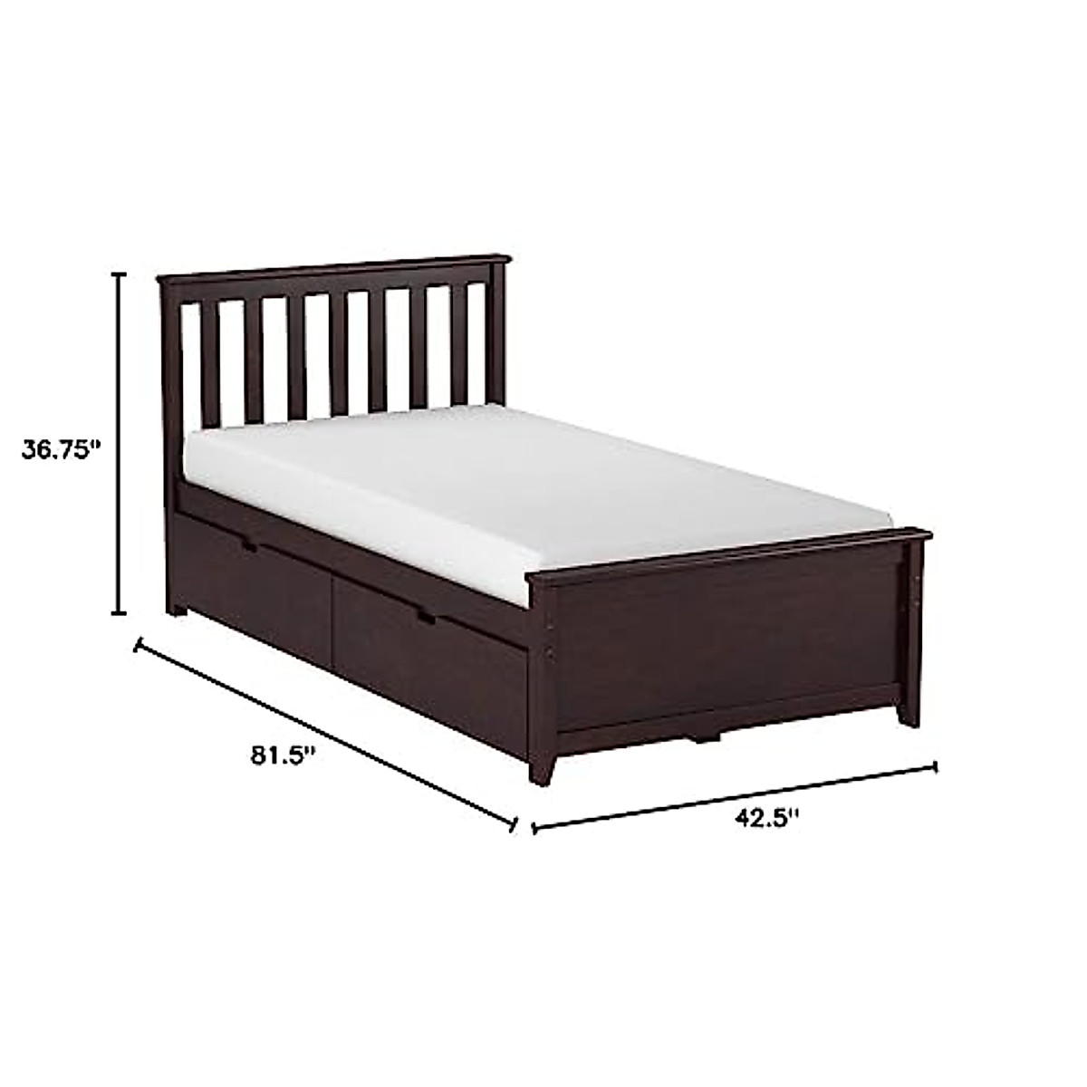 Max & Lily Twin Bed, Bed Frame with Headboard For Kids with Storage Drawers, Slatted, Espresso