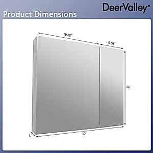 Deer Valley Medicine Cabinet with Mirror, 26 x 30 Inch Double Doors Bathroom Mirror Medicine Cabinet with Adjustable Glass Shelves, Frameless Surface Mount Wall Cabinet, Beveled Edge