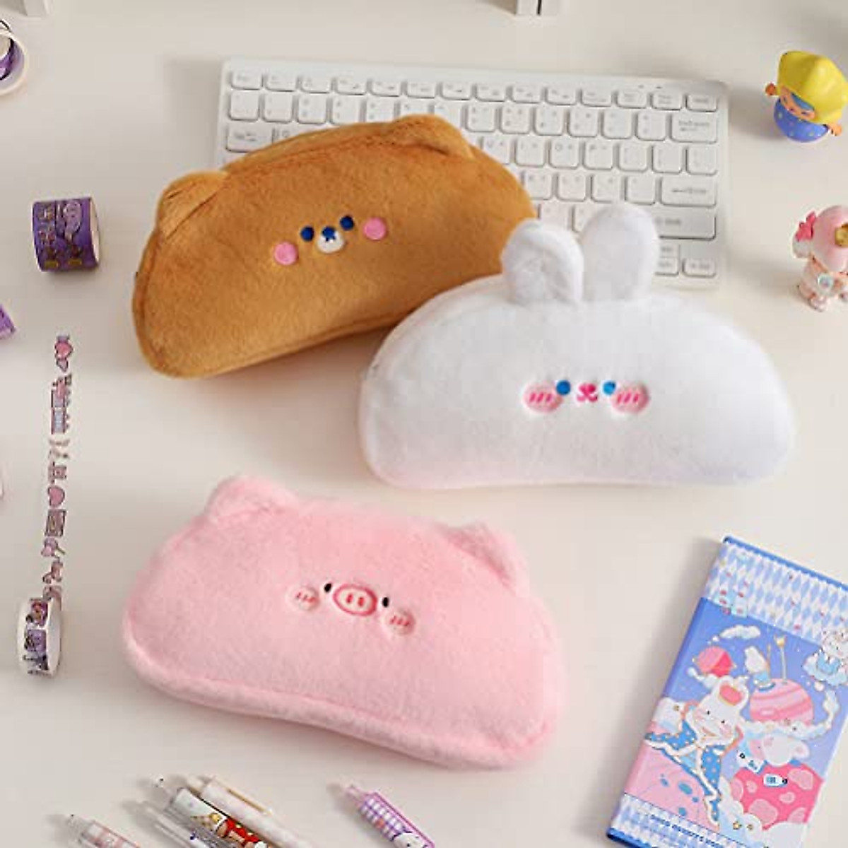 Operitacx Plush Pig Pencil Case: Cute Cartoon Animal Stationery Pen Pouch Travel Cosmetic Makeup Brushed Bag Organizer with Zipper for Teen Girls School Students