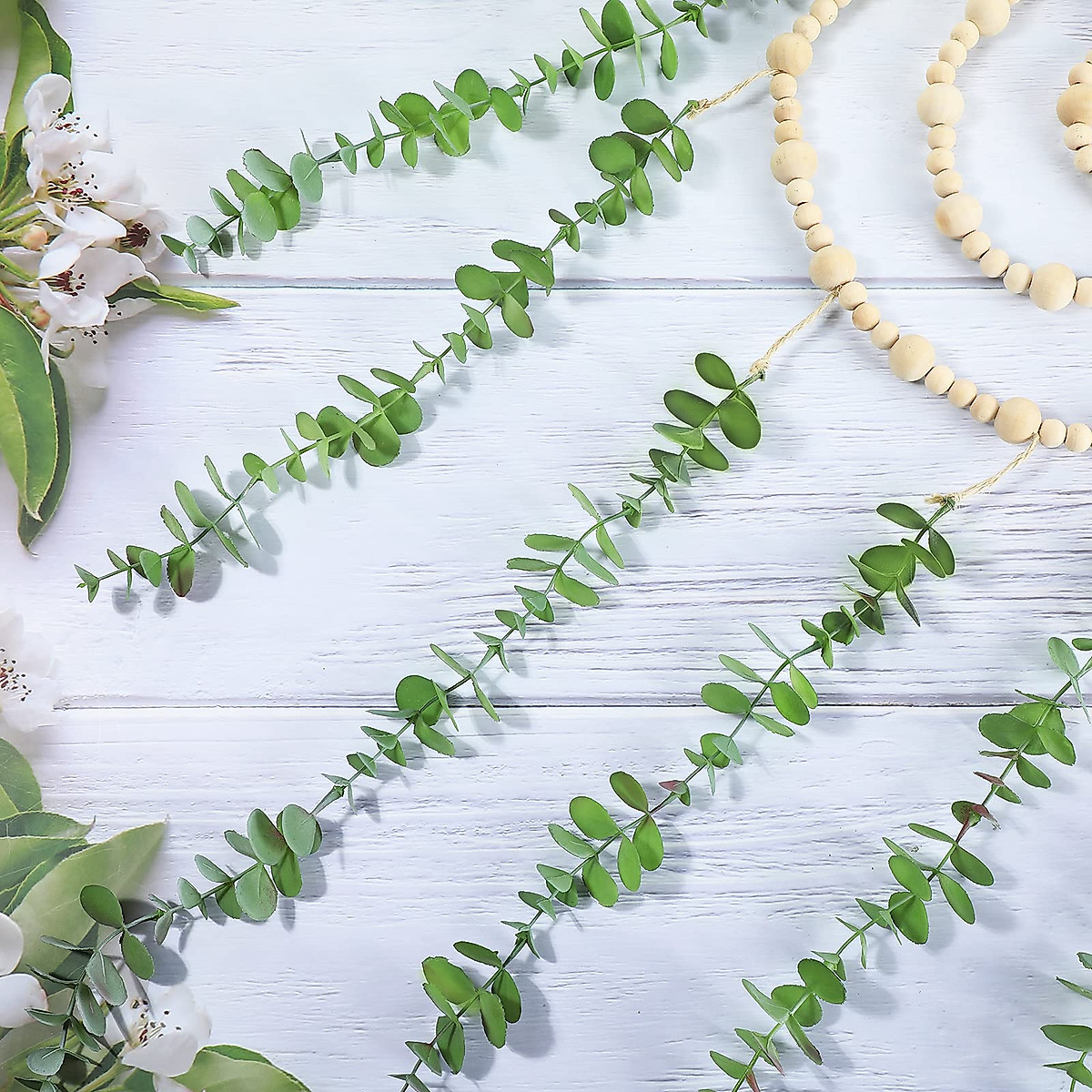 Hanging Eucalyptus Boho Wall Decor Large Boho Bedroom Wall Hanging Wooden Bead Garland Artificial Eucalyptus Natural Greenery Decoration, 36 x 36 Inch