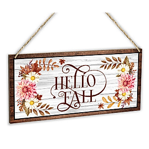 Maple Leaf Floral Hello Fall Welcome Hanging Sign Wooden Home Decor Plaque, Outdoor Indoor Wood hanging Sign for Thanksgiving, Autumn Harvest Wooden Front Door Sign Wall Porch Farmhouse Decor -34