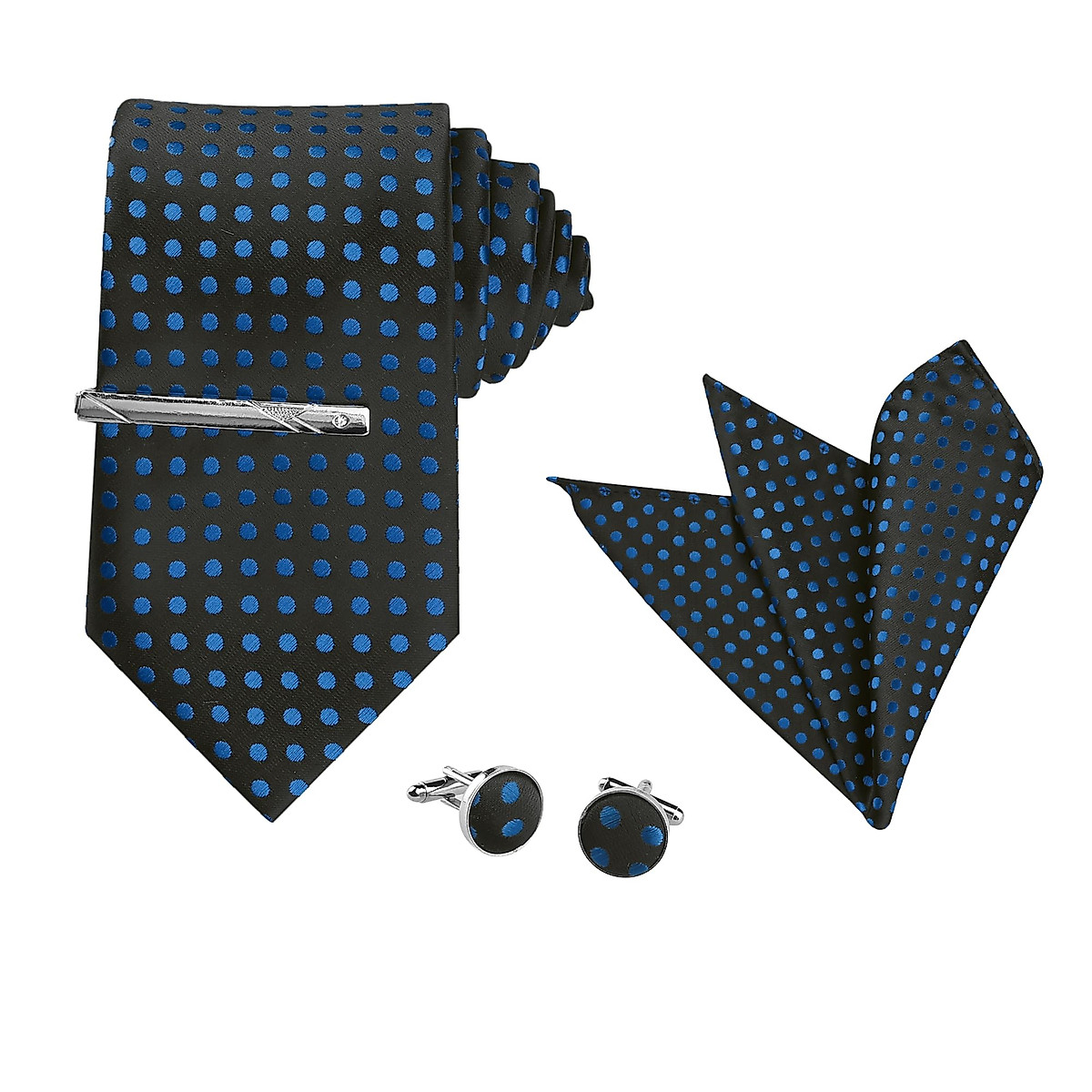 Allegra K Men's Polka Dots Self-tied Tie Handkerchief Clip Cufflinks Wedding Business Necktie Sets One Size Black Blue