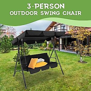 HECASA 3-Person Outdoor Swing Chair, Steel Porch Swing with Convertible Canopy & Removable Cushion for Patio, Garden, Poolside, Balcony and Backyard - Black
