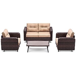 MCombo 4 Pieces Outdoor Patio Furniture Set, Brown Wicker Conversation Set, Outdoor Furniture Sofa Couch with Tempered Glass Table, for Lawn Balcony Gazebo, 9541