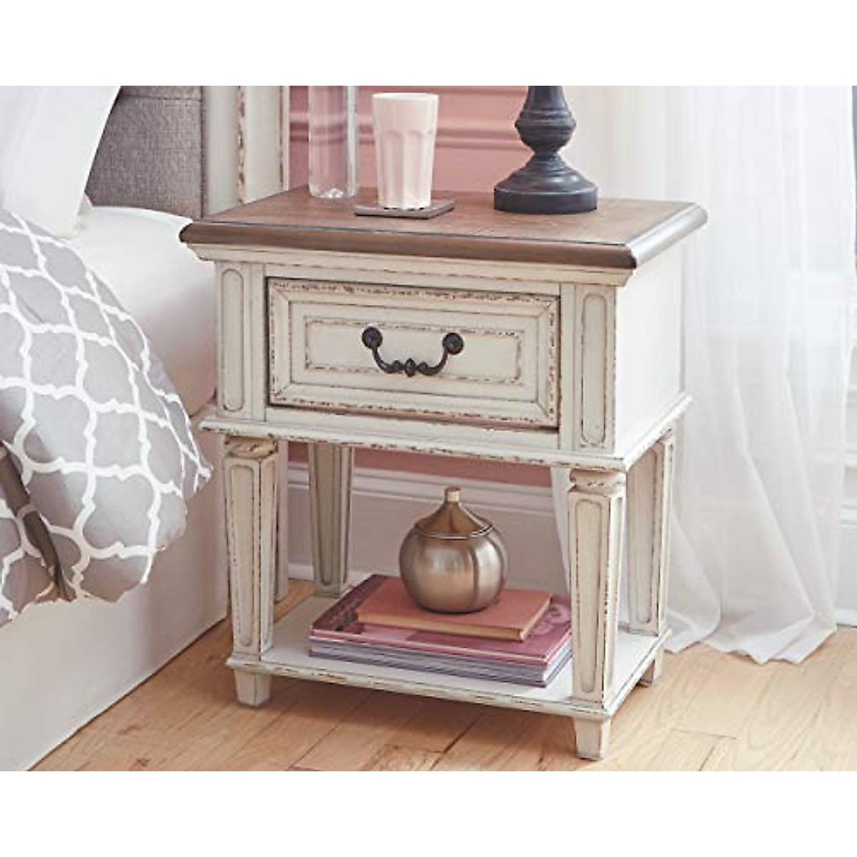 Signature Design by Ashley Realyn Traditional Cottage 1 Drawer Nightstand with Dovetail Construction & Open Display Shelf, Chipped White, 27" Tall, Distressed Brown