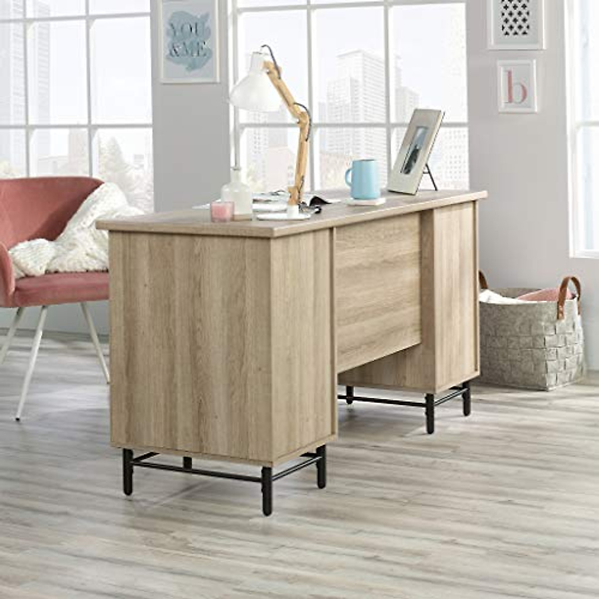 Sauder Anda Norr Executive Desk, L: 56.3" x W: 22.13" x H: 29.53", Sky Oak Finish
