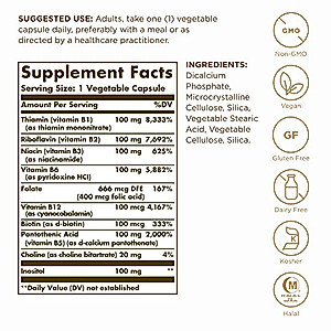 Solgar B-Complex "100" - 100 Vegetable Capsules, Pack of 2 - Energy Metabolism, Cardiovascular Health, Nervous System Support - Non-GMO, Vegan, Gluten Free - 200 Total Servings