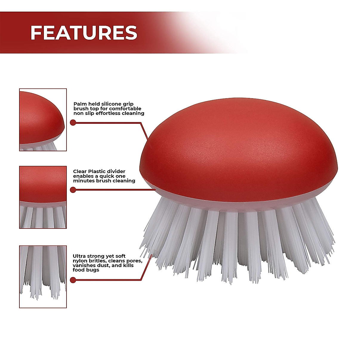 Vegetable Brush Scrubber for Food – 2Pcs Set Fruit and Veggie Brush – Silicone Top and Ultra-Strong Bristles Potato Scrubber – Palm Held Ergonomic Design – Easy to Clean – Red and Green