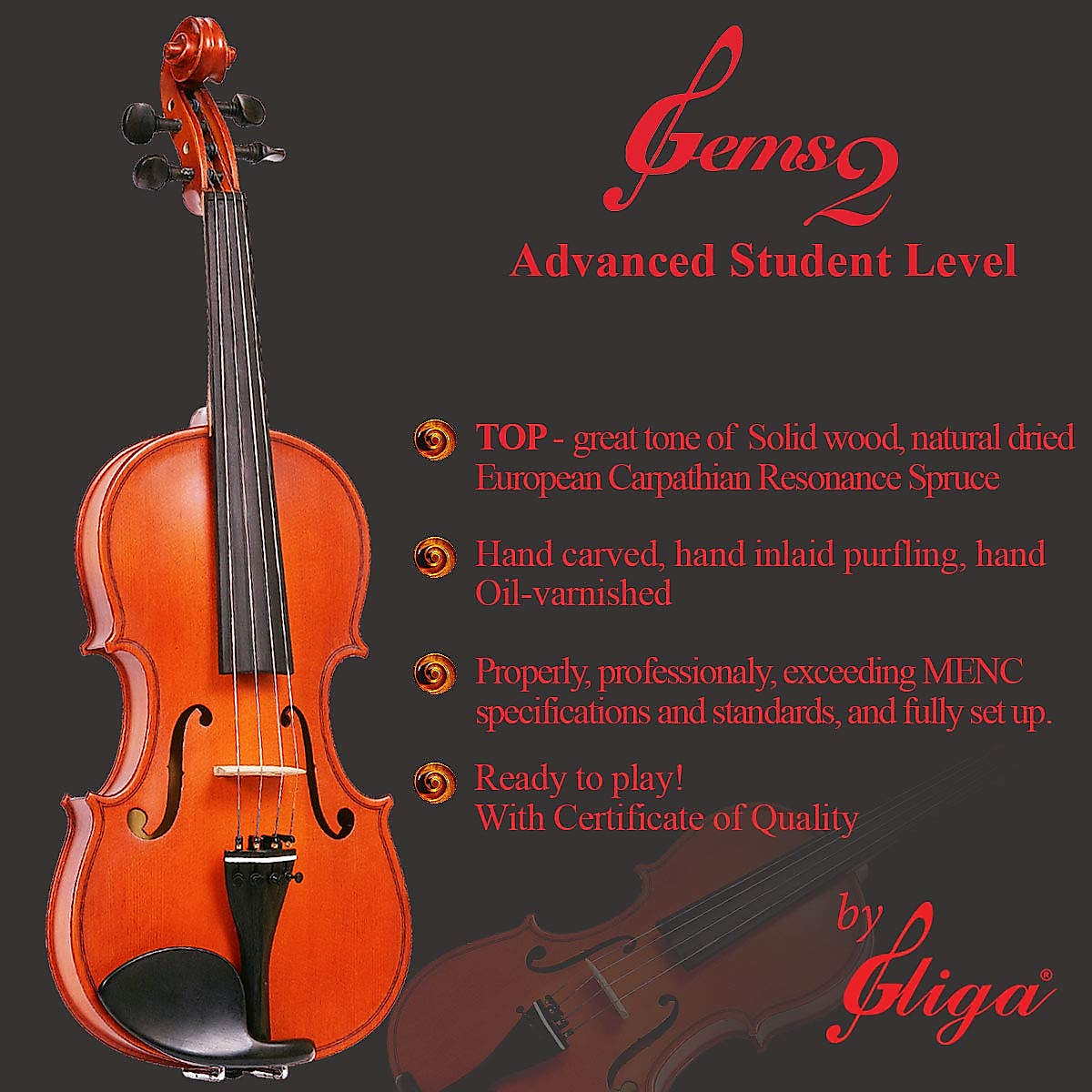 4/4 Full size Student 'GEMS 2' Model, a Gliga Violin Handmade in Romania, Advanced Student Level, Hand Varnished, Hand Inlaid Purfling, Hand Carved Solid European Wood, Fully Set Up