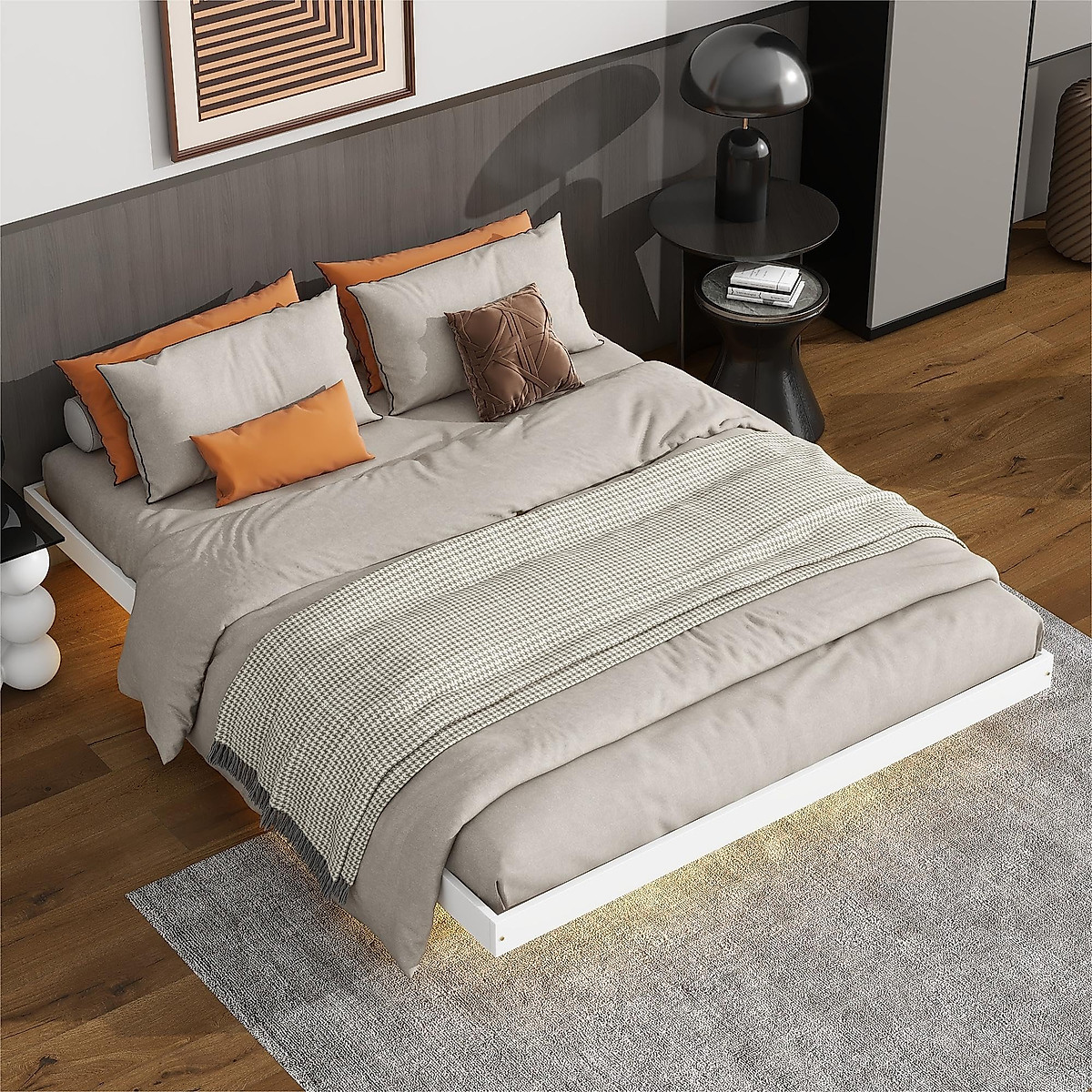 Dolonm Queen Size Bed Frame, Floating Bed Frame with LED Lights, Modern Low Profile Platform Bed Frame, Solid Pine Wood Slats Support, Noise Free, No Box Spring Needed, Easy Assembly, White