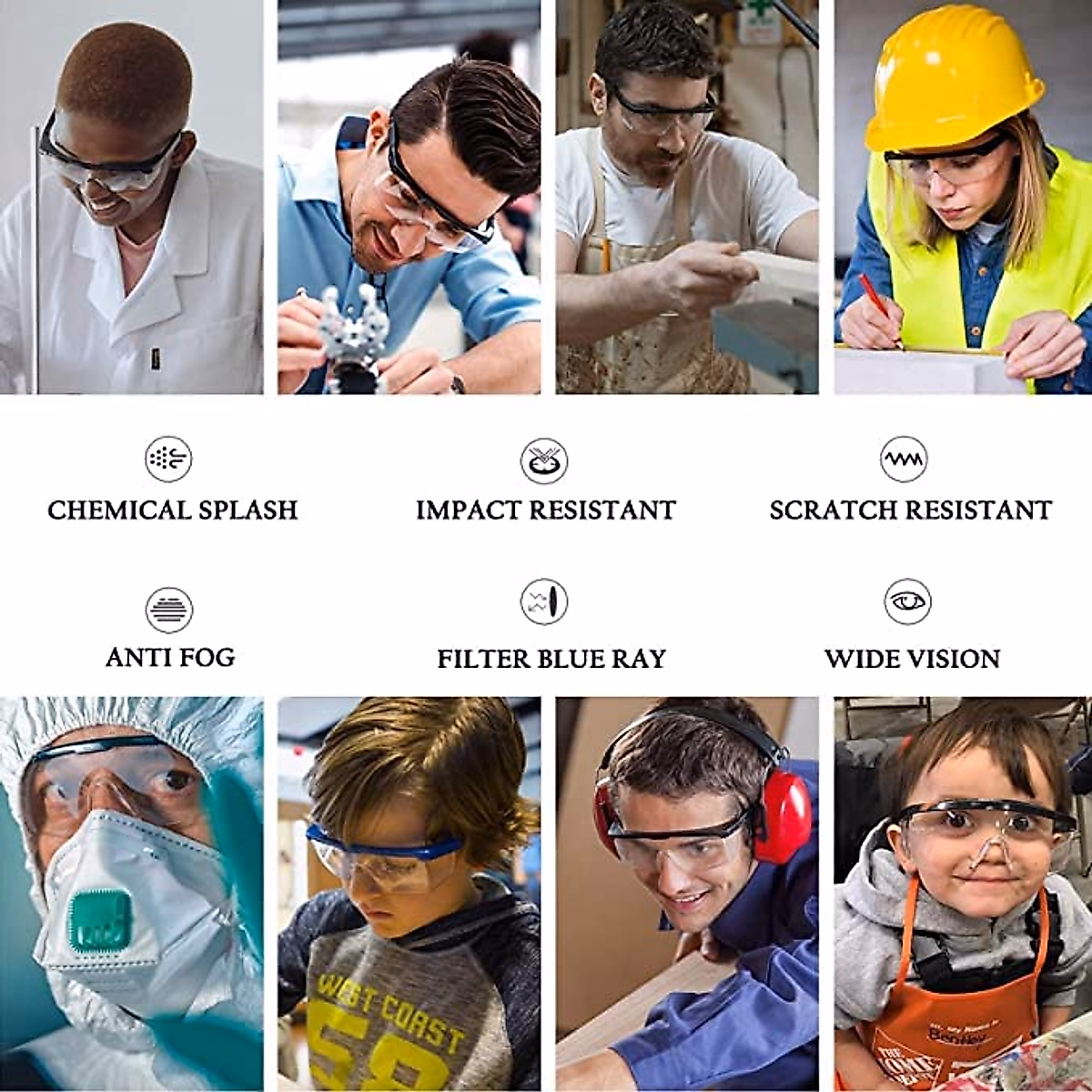 5 PACK Safety Glasses Safety Goggles for Men Women Clear Z87 Anti-fog Wide Vision Safety Glasses Over 5.3'' Eyeglasses, UV 400 Blocking Protection Eyewear Adjustable Temples Eye Shied for Nurse