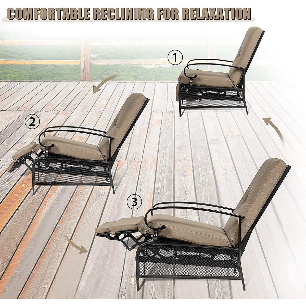 Betterland Outdoor Lounge Chair Set of 2 Metal Adjustable Patio Recliner Chair with Strong Extendable Frame and Thickened Removable Cushions, Beige