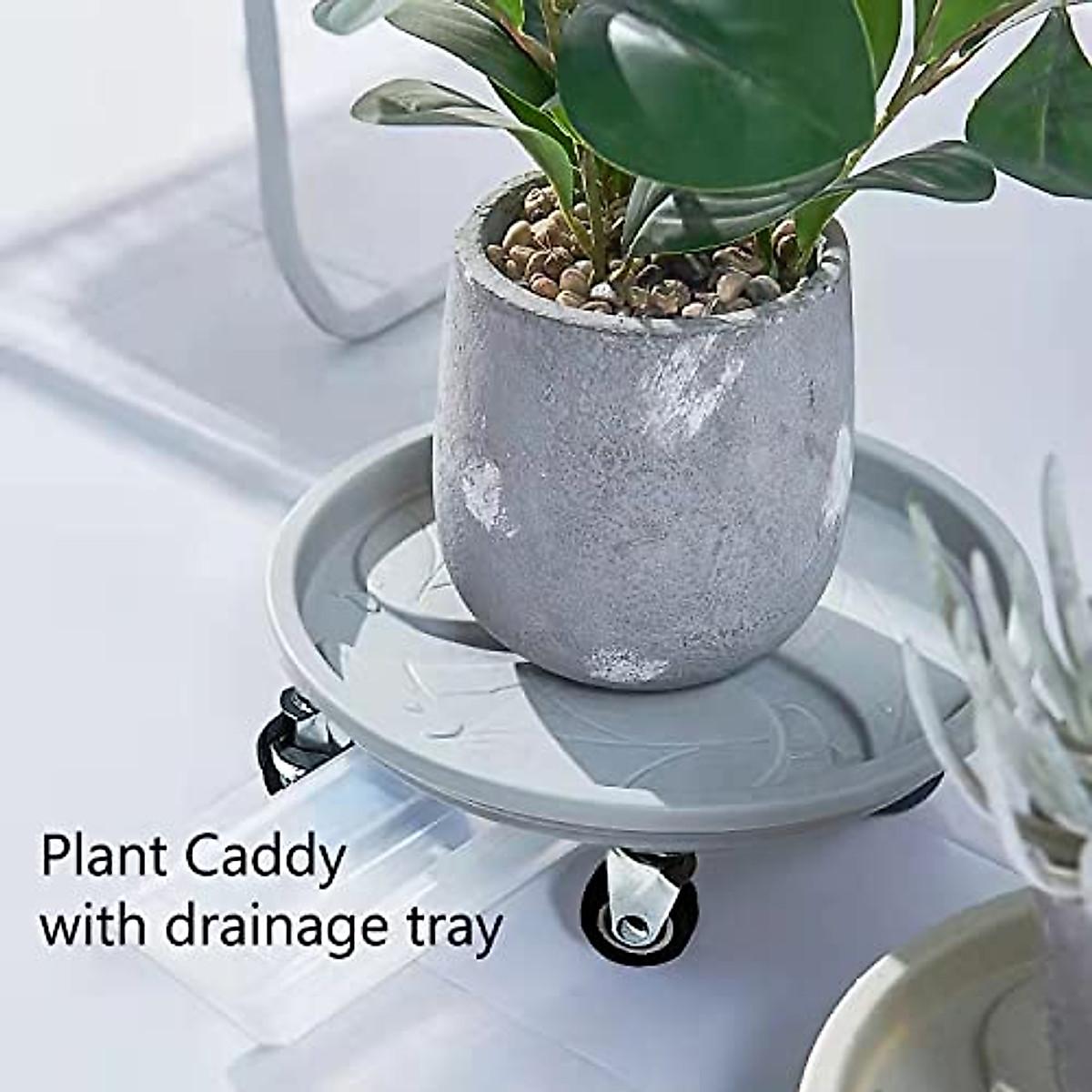 LQI 3 Packs Plant Caddy,（Wheels Upgraded） 13 inch Plant Stand with Wheels and Drainage Tray, Garden Rolling Plant Caddy with Wheels Brake, Round Plant Dolly for Moving Plant Pot（Grey）