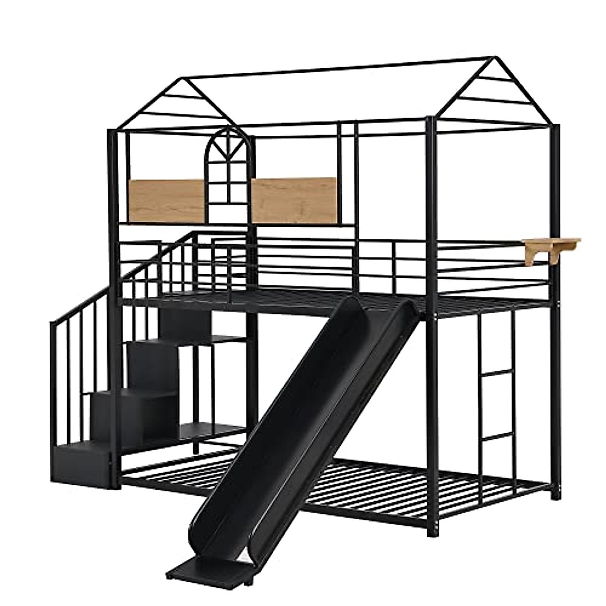 Twin Over Twin Low Bunk Bed with Slide and Stairs House Bunk Bed Metal Frame with Storage Shelves for Kids Boys Girls Teens, Black