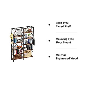 Monesti Bookshelf, 5 Tier Bookcase with 6 Hooks, Book Shelf for Bedroom, Living Room, Kitchen, Study and Home Office(Rustic Brown).