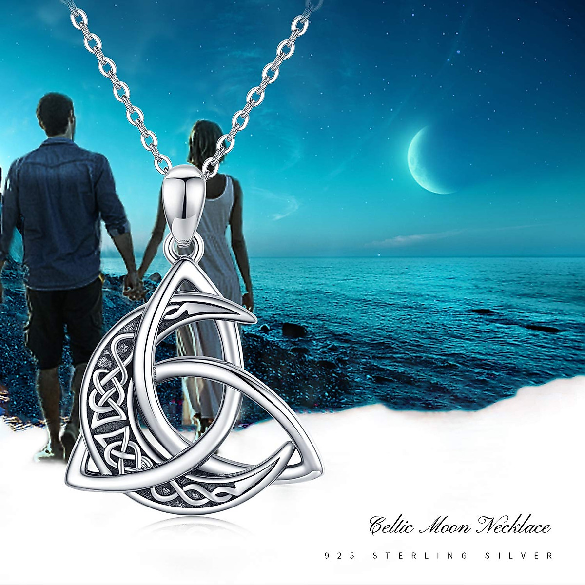 CHENGHONG Celtic Moon Necklace for Women 925 Sterling Silver Celtic Knot Moon Pendant Necklace Crescent Irish Necklace Jewelry Gift for Men
