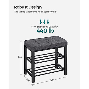 SONGMICS Shoe Bench, 3-Tier Shoe Rack for Entryway, Storage Organizer with Foam Padded Seat, Linen, Metal Frame, for Living Room, Hallway, 12.2 x 23.6 x 19.3 Inches, Dark Gray and Black ULBS576B33
