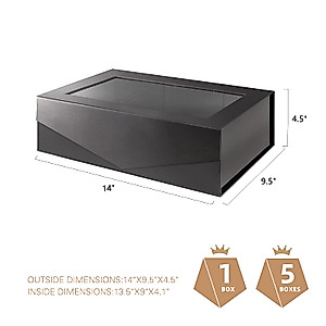 PACKQUEEN Large Black Gift Box with Window, 13.5x9x4.1 Inches Clear Gift Box for Present Contains Ribbon, Card, Groomsman Proposal Box, Extra Large Gift Box with Magnetic Lid (Glossy Black)