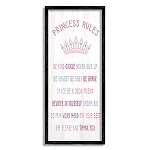 Stupell Industries Princess Rules Listed Kids Pretend Pink Crown, Designed by Daphne Polselli Black Framed Wall Art, 13 x 30