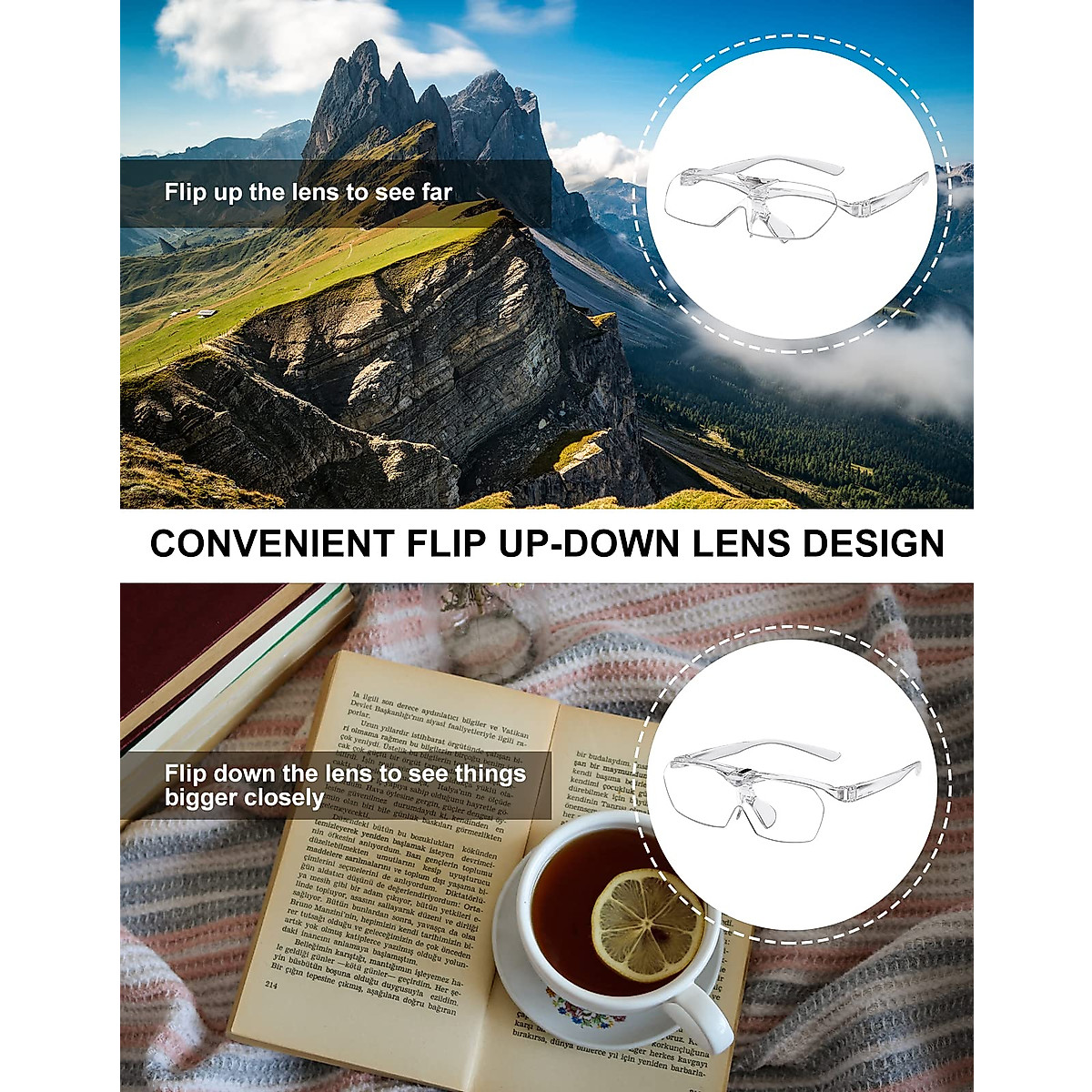 OKH 160% Magnifying Glasses, Flip Up Down Lens, Hands-Free Magnifier Eyeglasses for Close Work, Reading, Sewing, Jewelry Making, Craft, Hobby, Painting