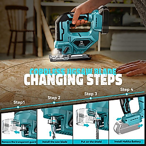 Jig Saw for Makita 18V Battery, Cordless Jigsaw Tool Brushless Motor, Variable Speed, Bevel Angle (0°-45°), LED Light with 3 Position Orbital Setting for Straight/Curve/Circle/Cutts (No Battery)