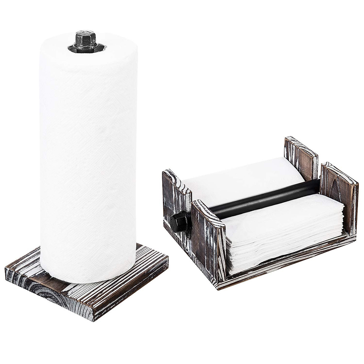 MyGift Torched Wood and Industrial Metal Paper Towel and Napkin Holder Set, Countertop Paper Towel Holder and Flat Napkin Holder with Weighted Arm