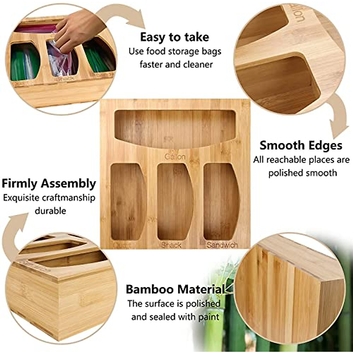 Bamboo Ziplock Bag Storage Organizer and Dispenser for Kitchen Drawer, Suitable for Gallon, Quart, Sandwich & Snack, Various Size Bag