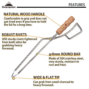 CAMPINGMOON Stainless Steel Fireplace Firewood Tongs MS-42