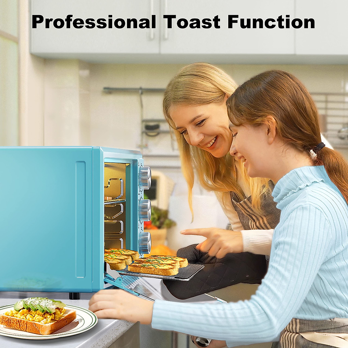 Galanz Large 6-Slice True Convection Toaster Oven, 8-in-1 Combo Bake, Toast, Roast, Broil, 12” Pizza, Dehydrator with Keep Warm Setting, Retro Blue