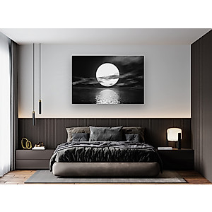 Cao Gen Decor Art S06481 Wall Art Canvas Sea White Full Moon in Night Picture Canvas Poster Print Black and White Ocean for Living Room Bedroom Kitchen Home Decorations Framed Artwork