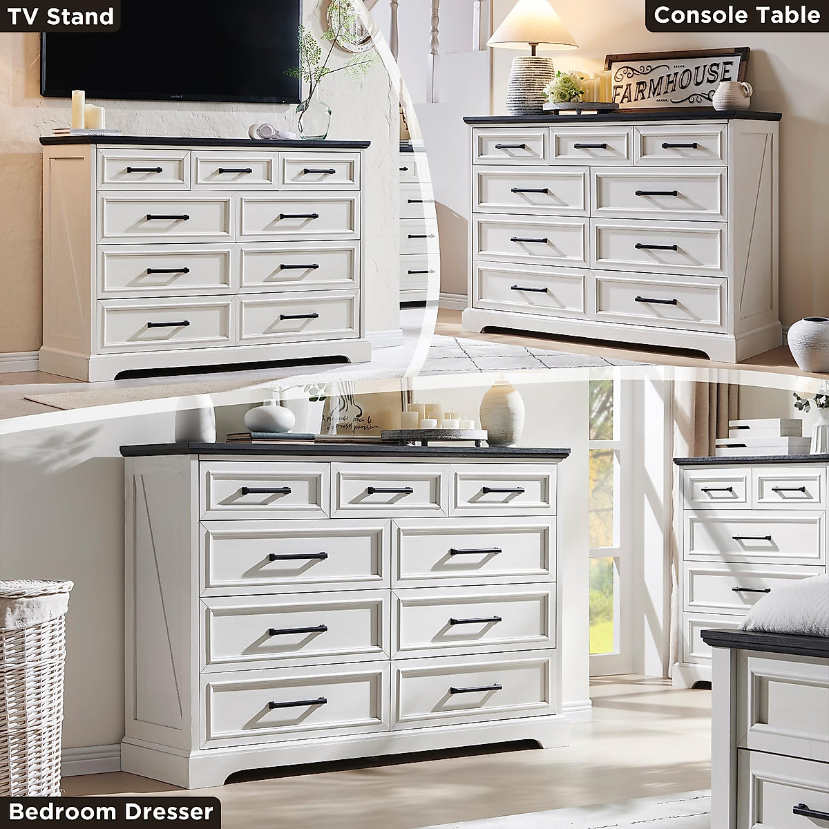 ACCOHOHO Farmhouse 9 Drawer Dresser for Bedroom, 36 Inch Tall Modern Dresser TV Stand with Large Drawers & Bar Handles, Rustic Wood Chest of Drawers for Bedroom, Living Room, Hallway, Off White