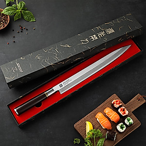XINZUO 12 Inch Sashimi Knife X7Cr17MoV Forged Steel,Traditional Japanese Crafts Yanagiba Filleting Knife,Single-edged Blade,Professional Chef Sushi Knife-Ebony Wood Handle-Betula Wooden Sheath