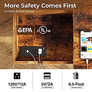 Rolanstar End Table with Charging Station, Narrow Nightstand, Flip Top Side Table with USB Ports and Storage Shelves for Small Spaces, Living Room, Bedroom (Rustic Brown)