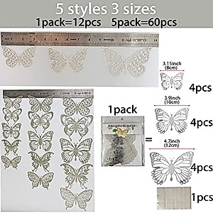 Ewong 3D Butterfly Decoration 60Pcs Wall Decal, Birthday Cake Party Decor 5 Style Sticker Art Craft, Kid Nursery Classroom Wedding Baby Shower Girl Bedroom Home Room Office Gift Decorative (Silver)