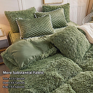 LIFEREVO Luxury Plush Shaggy Duvet Cover Set, Soft Fluffy Furry Duvet Cover Set(1 Faux Fur Fuzzy Comforter Cover+2 Pom Poms Velvet Pillowcases)Solid Bedding Set, Zipper Closure(Full/Queen, Sage Green)