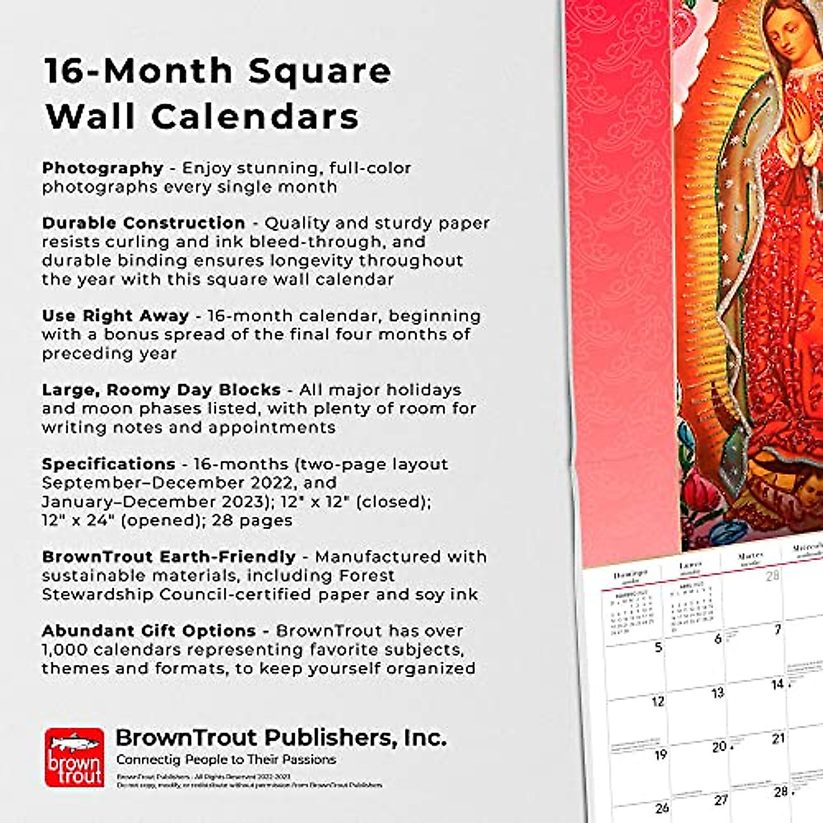 La Virgen de Guadalupe | 2023 12 x 24 Inch Monthly Square Wall Calendar | Foil Stamped Cover | English/Spanish Bilingual | BrownTrout | Virgin Mexico City