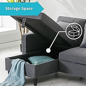 CECER Convertible Sofa Bed with Storage Chaise, L-Shaped Modern Couch with Side Pockets, Upholstered Linen Sectionals with Sleeper for Living Room/Home Office/Easy Assembly - Gray