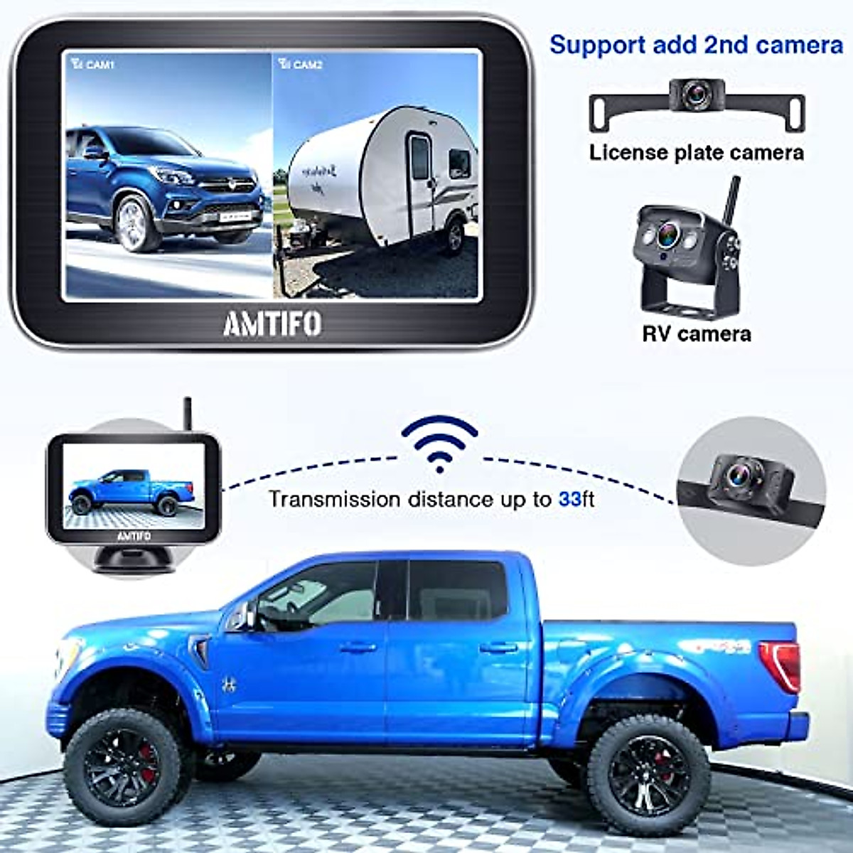 AMTIFO Wireless Backup Camera HD 1080P 5 Inch Split Screen Monitor Digital Stable Signal Car Truck RV Bluetooth License Plate Rear View Cam System 2 Channels Clear Night Vision W3